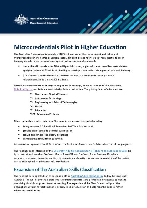 Microcredentials Pilot in Higher Education Factsheet - Department of Education, Australian ...